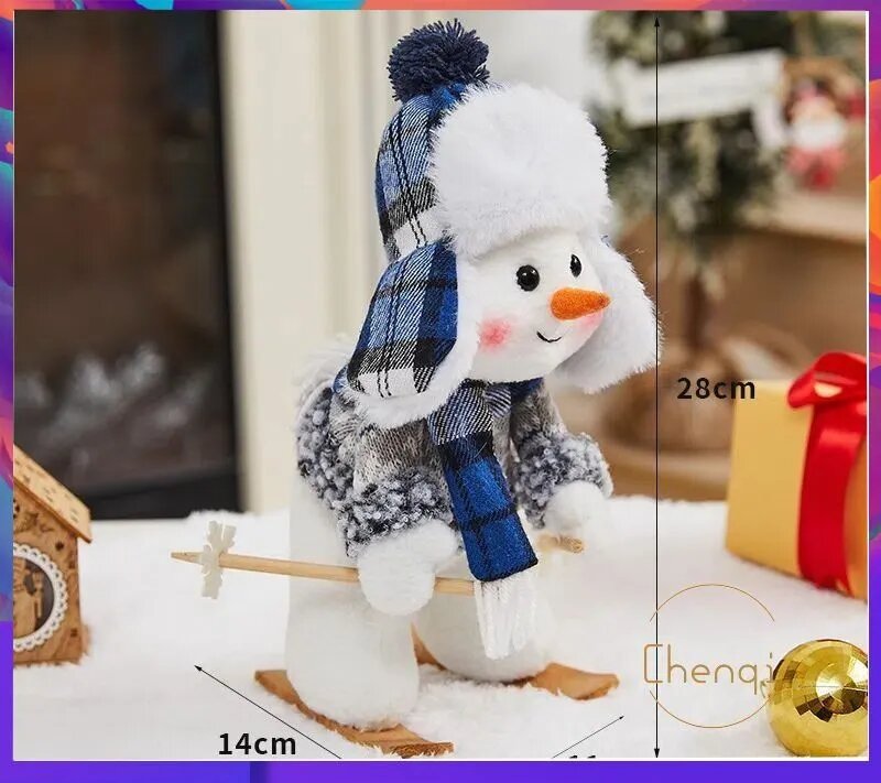 Декоративная игрушка под елку E 28 см. Новогодний снеговик на лыжах. Интерьерное украшение для дома и офиса.