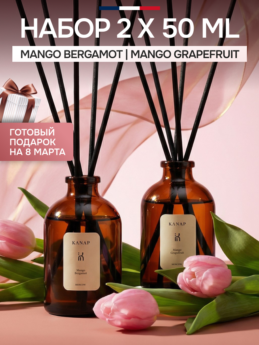 Ароматический диффузор для дома с палочками KANAP 50 мл+50 мл, набор 2 штуки