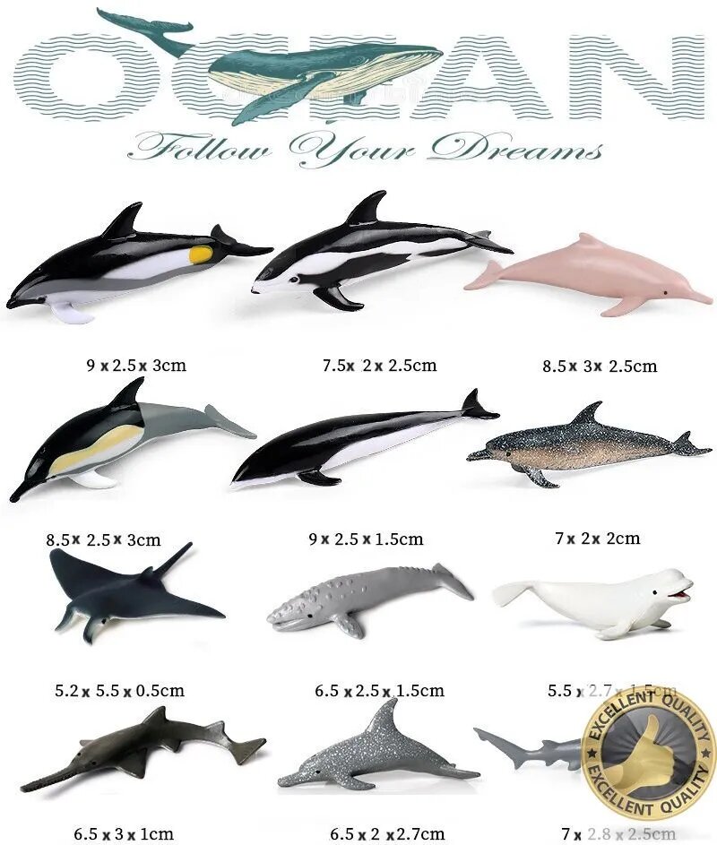 Маленькая скульптура Набор фигурок Морские Животные 12 шт. Дельфины Киты Акулы