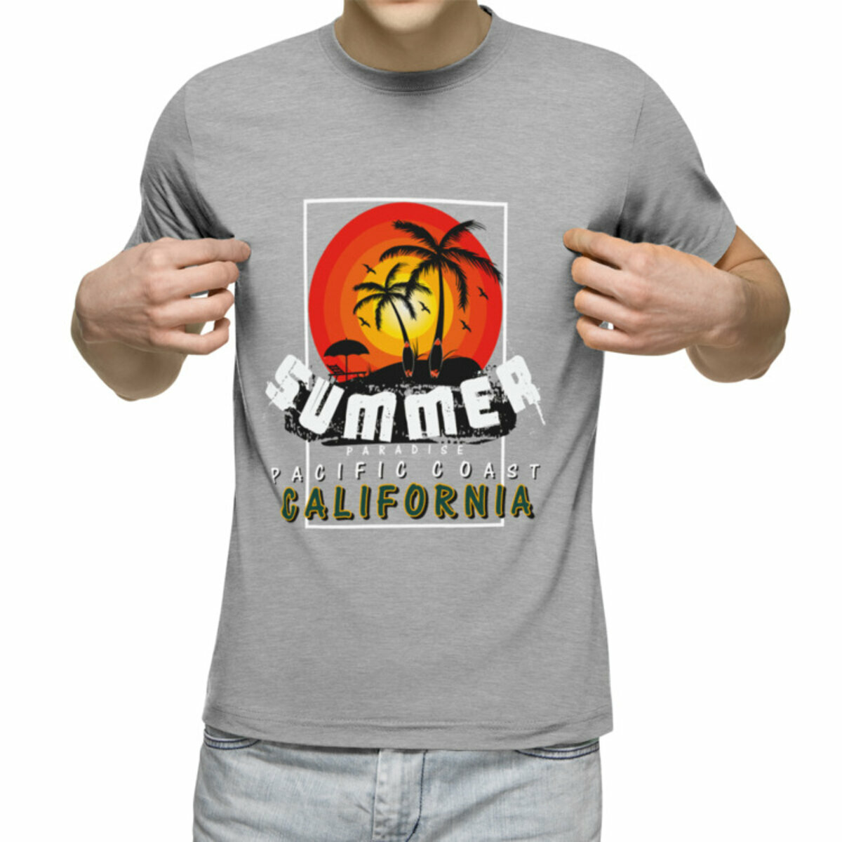 Мужская футболка «Калифорния в закате» (серый меланж, S)