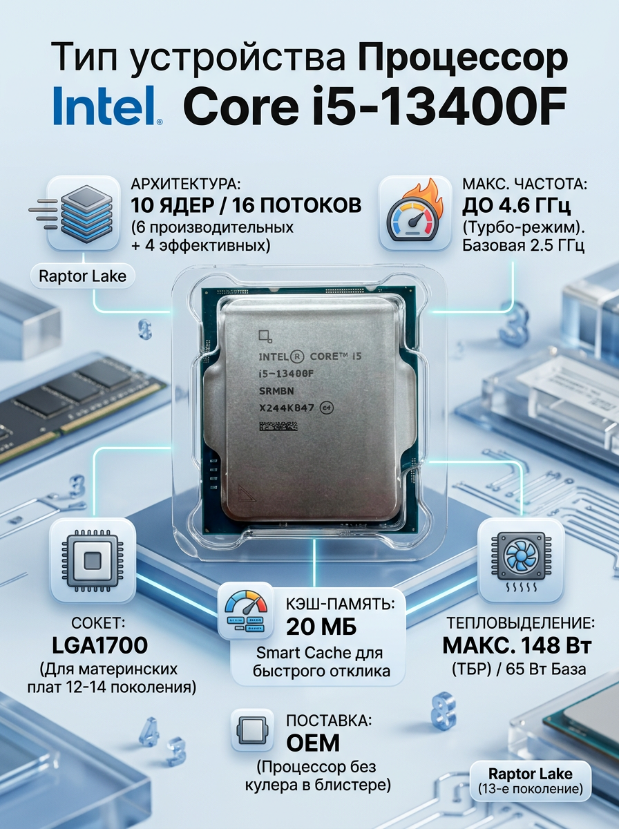 Процессор CPU LGA1700 Intel Core i5-13400F (Raptor Lake, 10C/16T, 2.5/4.6GHz, 20MB, 148W) OEM