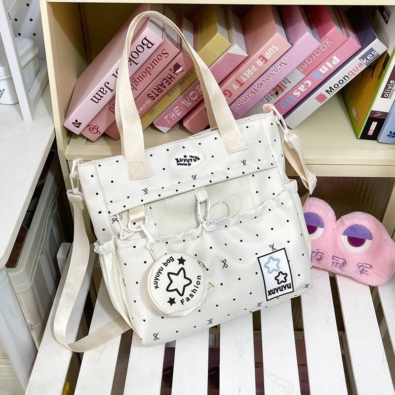 Милая сумка-кроссбоди в горошек для студенток, вместительная сумка-тоут для учебы и поездок на занятия.