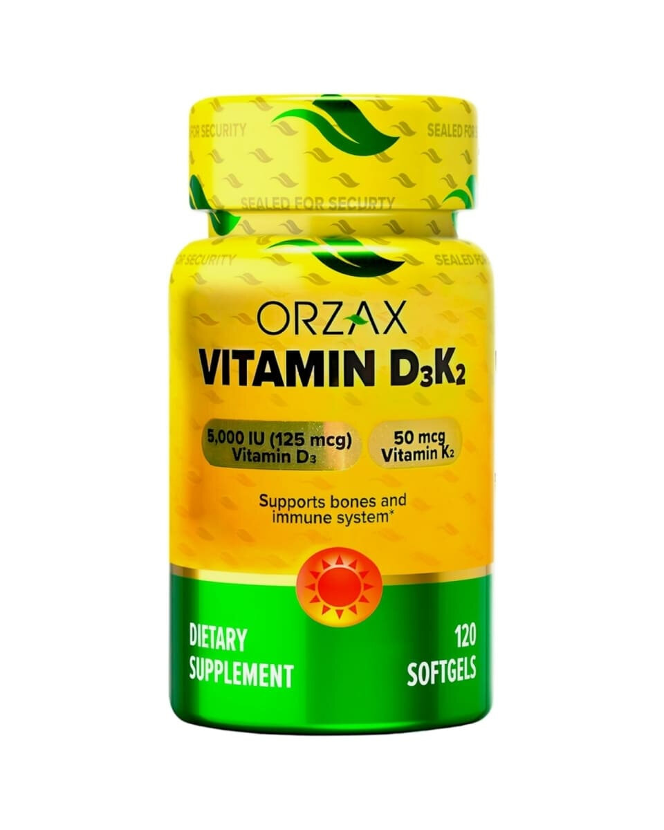 Orzax Vitamin D-3 5000 IU K-2, Витамин Д-3 125 мкг и К-2 50 мкг 120 капсул