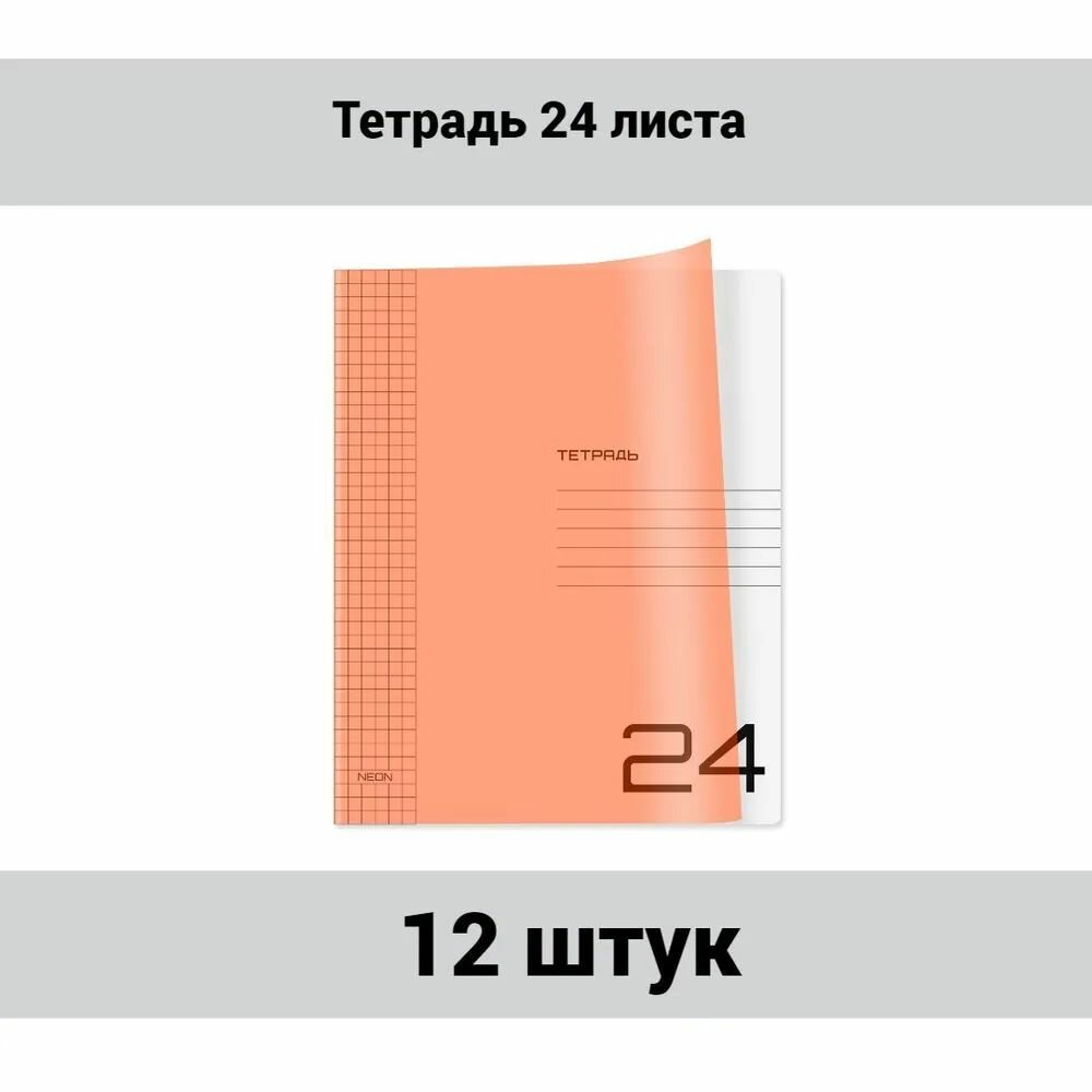 Тетрадь 24 листа линия BG UniTone.Neon, пластиковая обложка, неон оранжевый, 12 штук