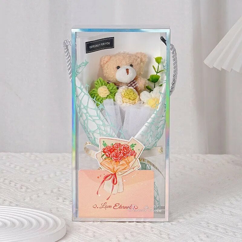 Подарочный набор букет из плюшевого мишки и вязаных роз крючком ручной работы в коробке