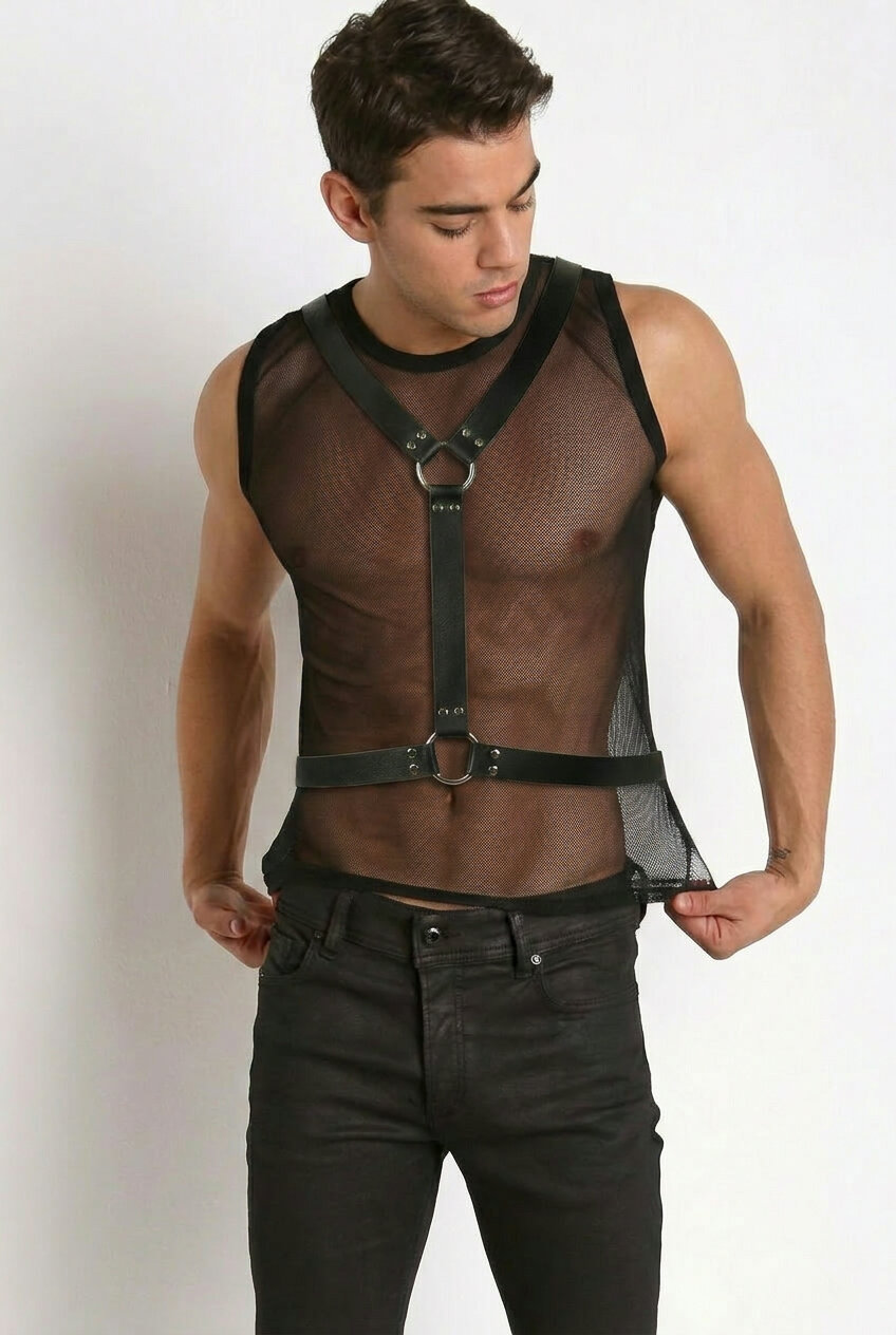 Портупея BDSM Арсенал, натуральная кожа и металл, мужская, регулируемая, чёрная