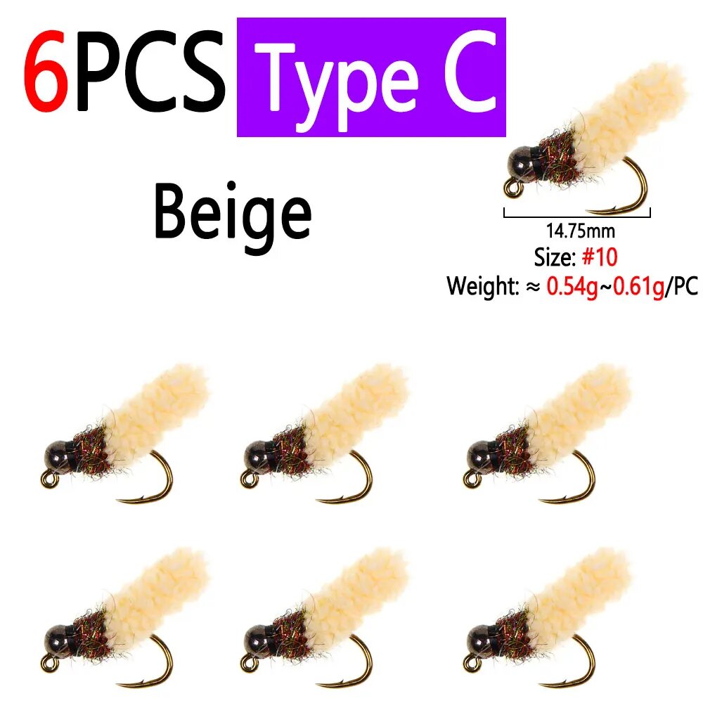 6 шт. мушки Caddis Larva, Бежевый, #10