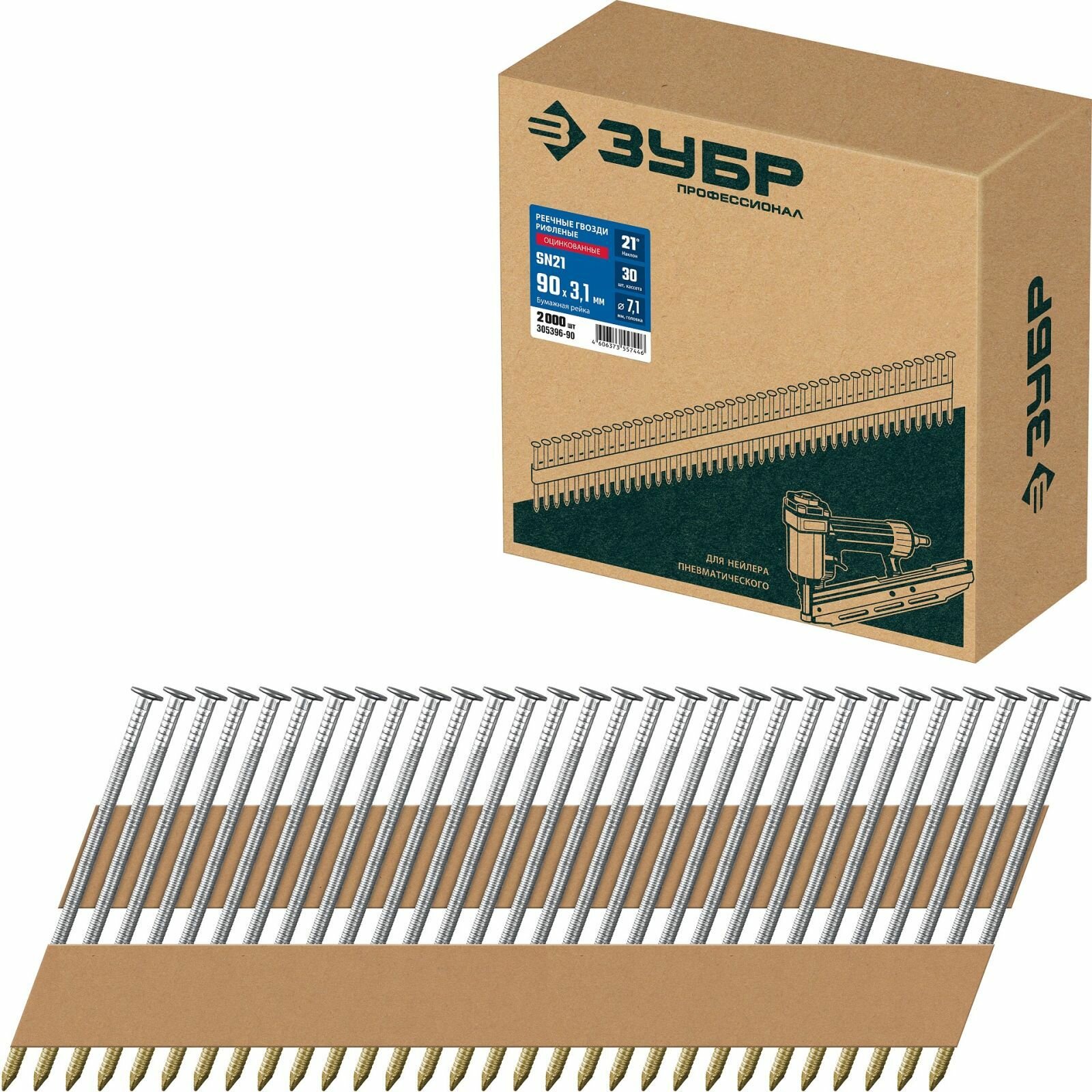 Гвозди реечные ЗУБР SN21 90х3.1 мм, рифленые, оцинкованные, 2010 шт