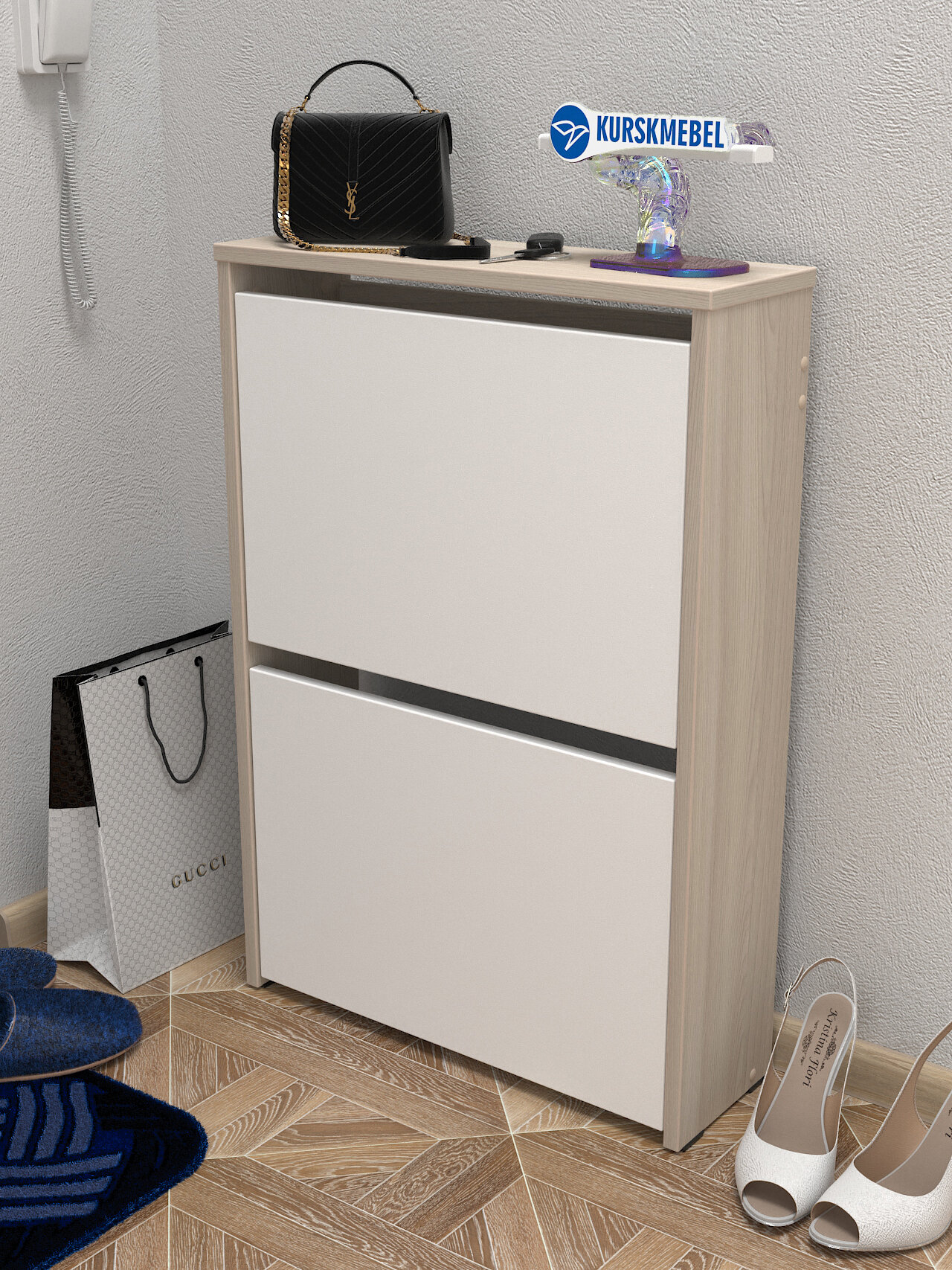 Обувница узкая с откидными дверцами в цвете ясень шимо светлый/белый, Курскмебель