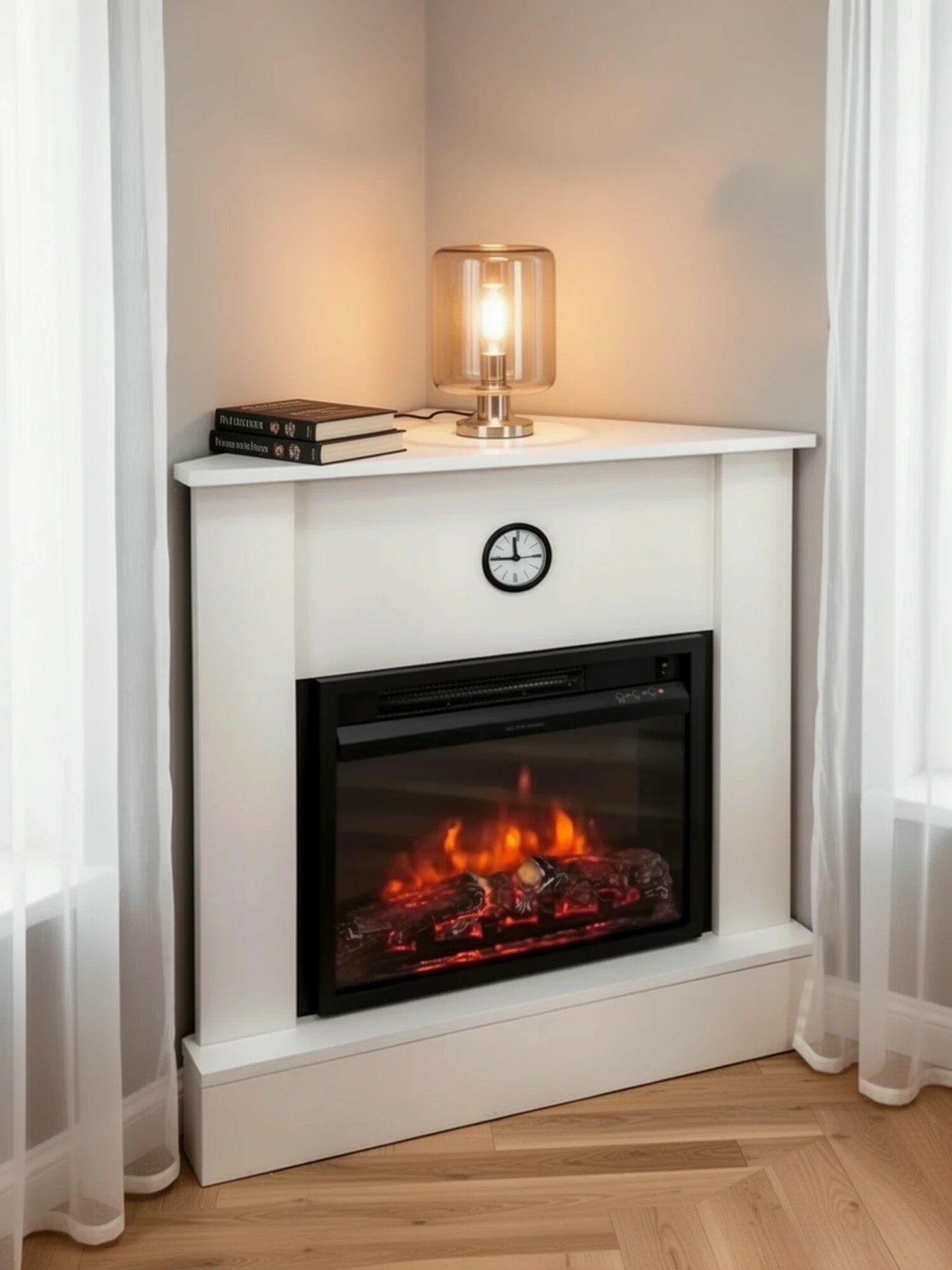 Камин электрический угловой с белым порталом и обогревом, пульт ДУ