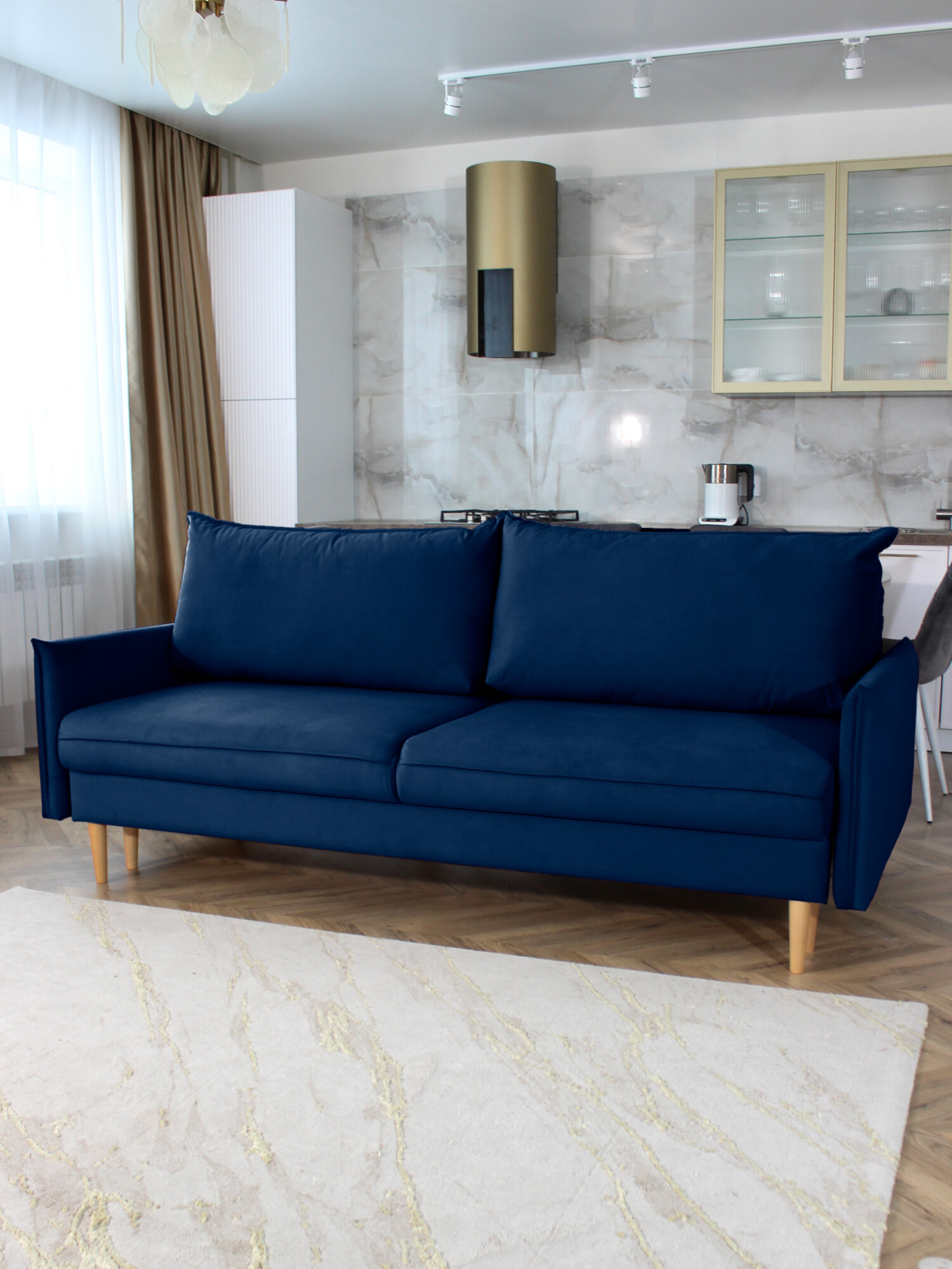 Диван-кровать Фьорд синий, механизм Тик-так, 212х96х80 см, Спальное место 147х198 см