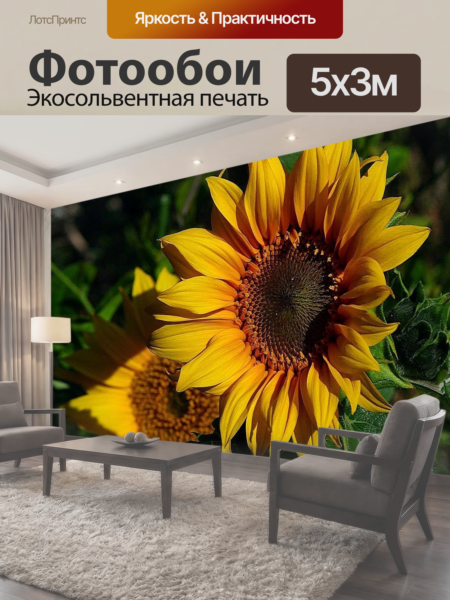 Фотообои "Подсолнухи, цветы, растения" 500x300 см. экосольвентная печать