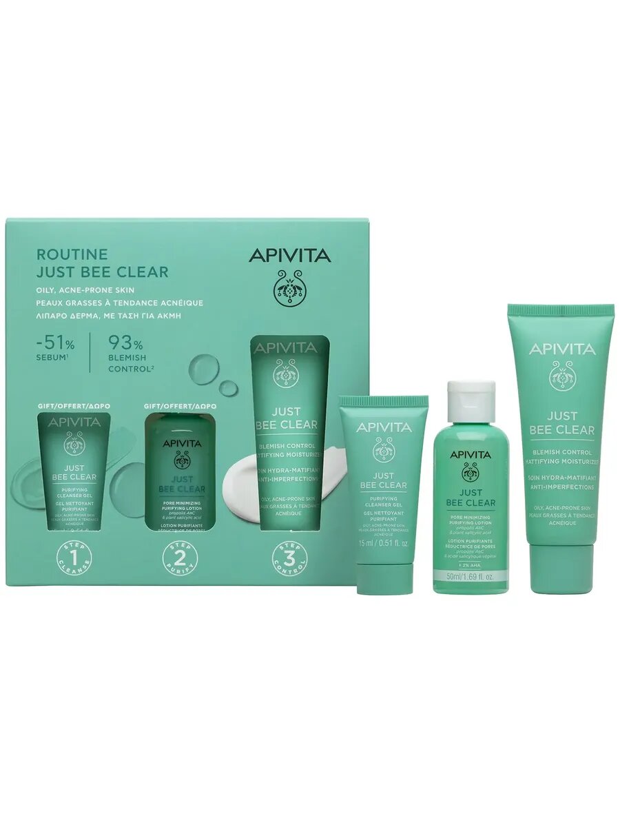 Набор для лица Apivita, гель, лосьон, уход, для жирной кожи, 15+50+40 мл