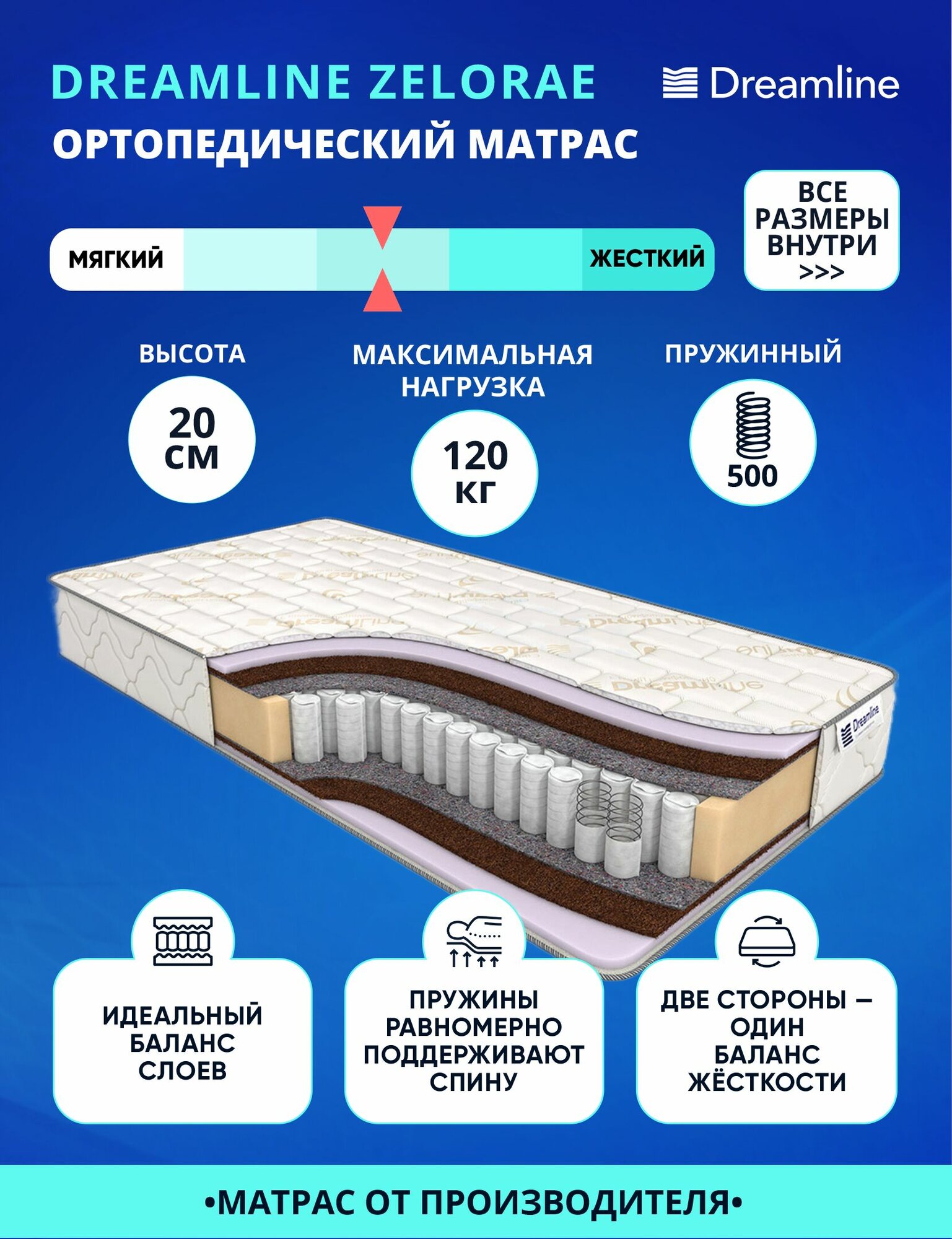 Матрас Dreamline Zelorae 85х180 серии Lux высота 20 см анатомический средней жесткости Независимые пружины