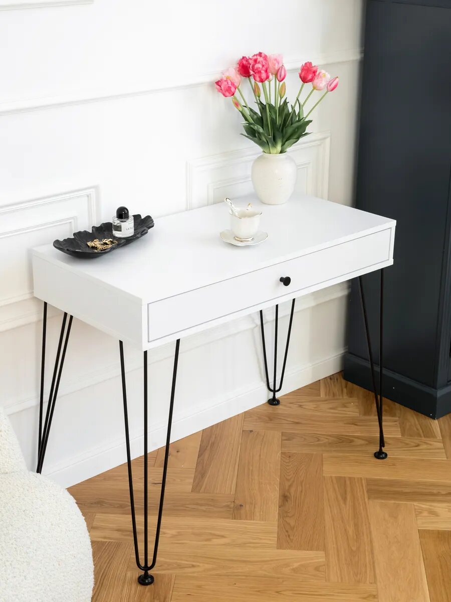Туалетный столик с ящиком гримерный, для макияжа, с железными ножками, столик в комнату, стол прямоугольный, белый