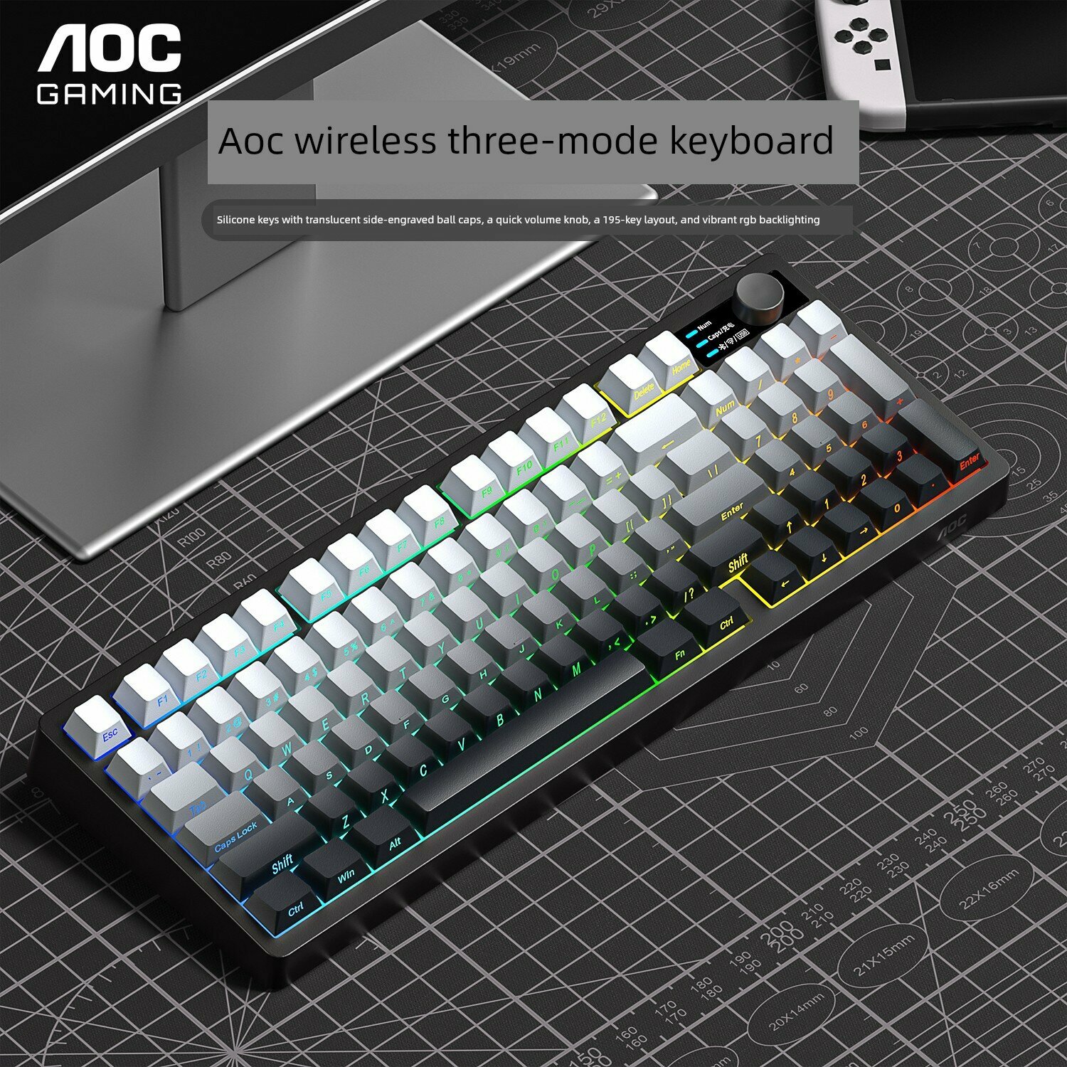 AOC GK220 беспроводная три-модельная 95-клавишная клавиатура с RGB-подсветкой - Пыльно-серый