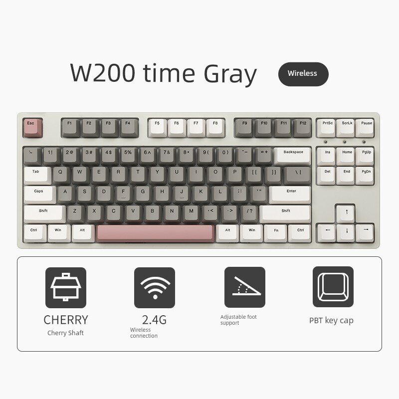 IKBC W200 Беспроводная клавиатура 2.4G с красными переключателями Cherry 87 клавиш серый цвет офисная игровая