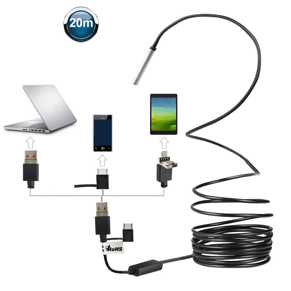 3-in-1 USB2.0 Micro USB Type-C Endoscope Inspection Borescope Camera 5.5mm Built-in 6 Adjustable LED Lights with 20M Cable IP67 Waterproof for Android MacBook Windows PC