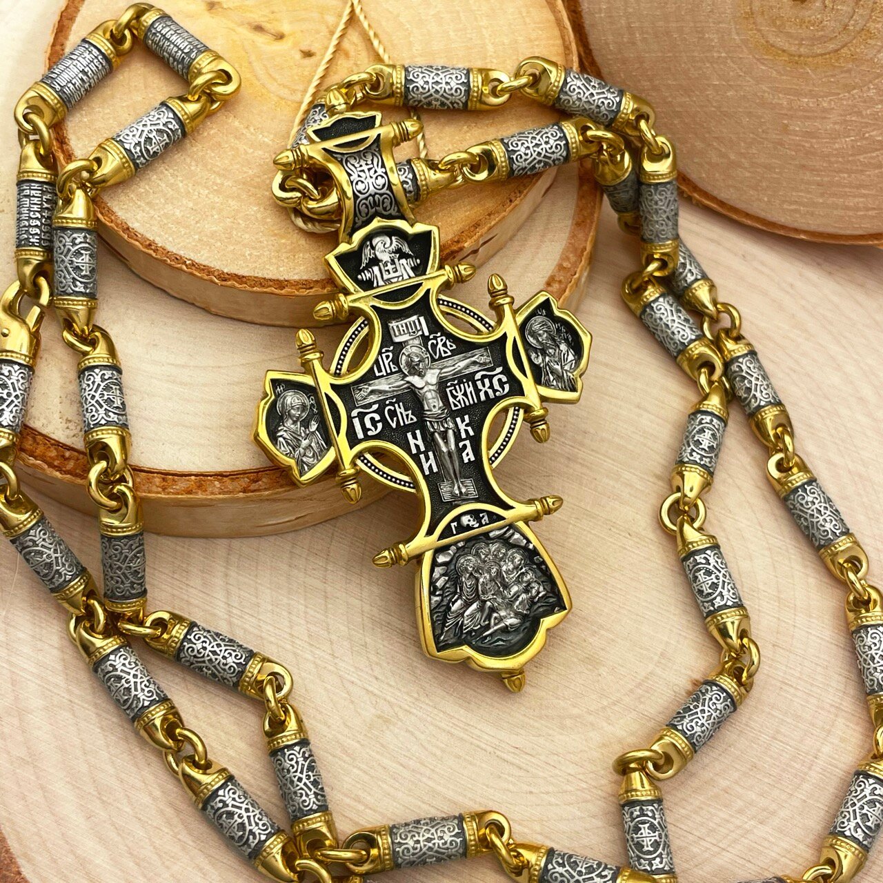 Крестик, серебро, 925 проба, оксидирование, золочение, чернение