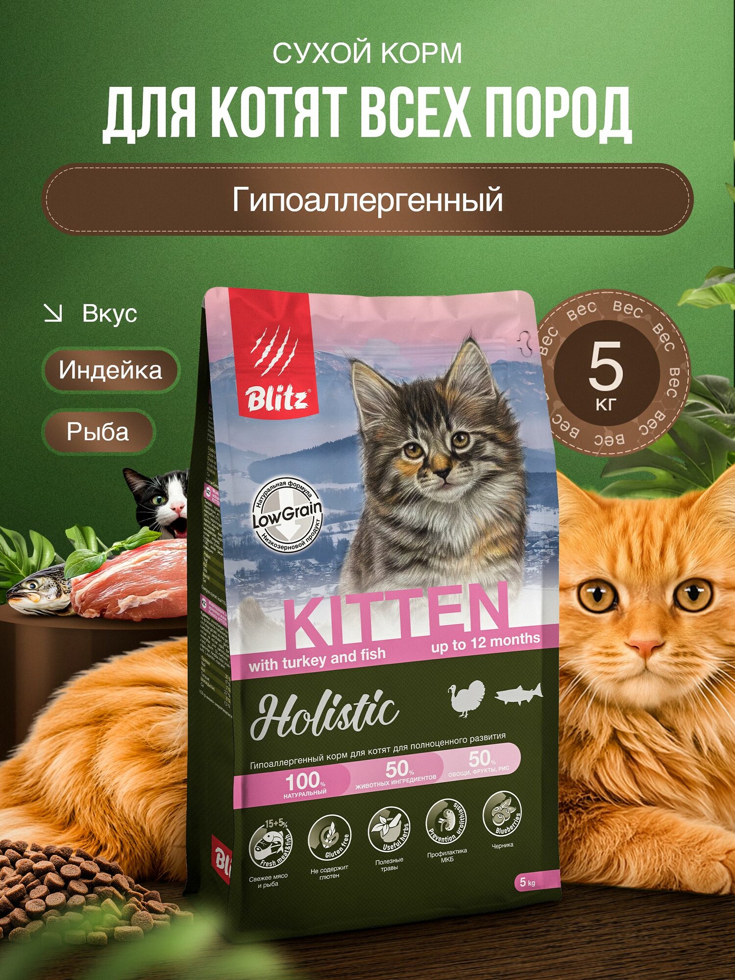 Сухой корм Blitz "Holistic KITTEN", для котят, низкозерновой, индейка/рыба, 5кг