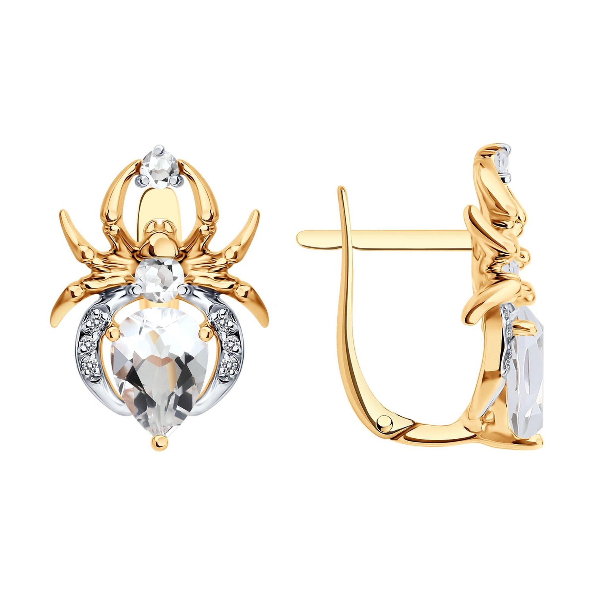 Серьги, красное золото, 585 проба, горный хрусталь, фианит