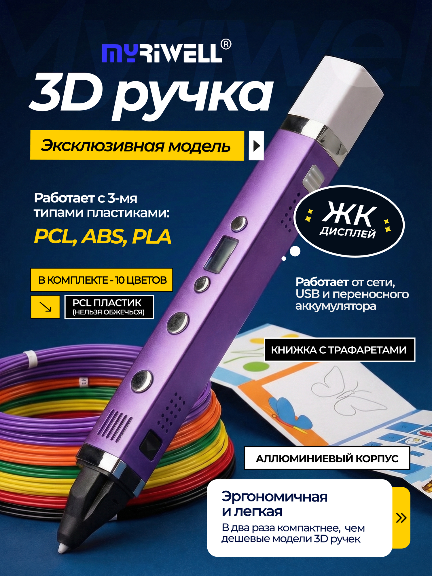 3Д ручки Myriwell 3D ручка Myriwell RP100C с пластиком и трафаретами, версия 2026 с возможностью работы с 3-мя видами пластика (Фиолетовый)