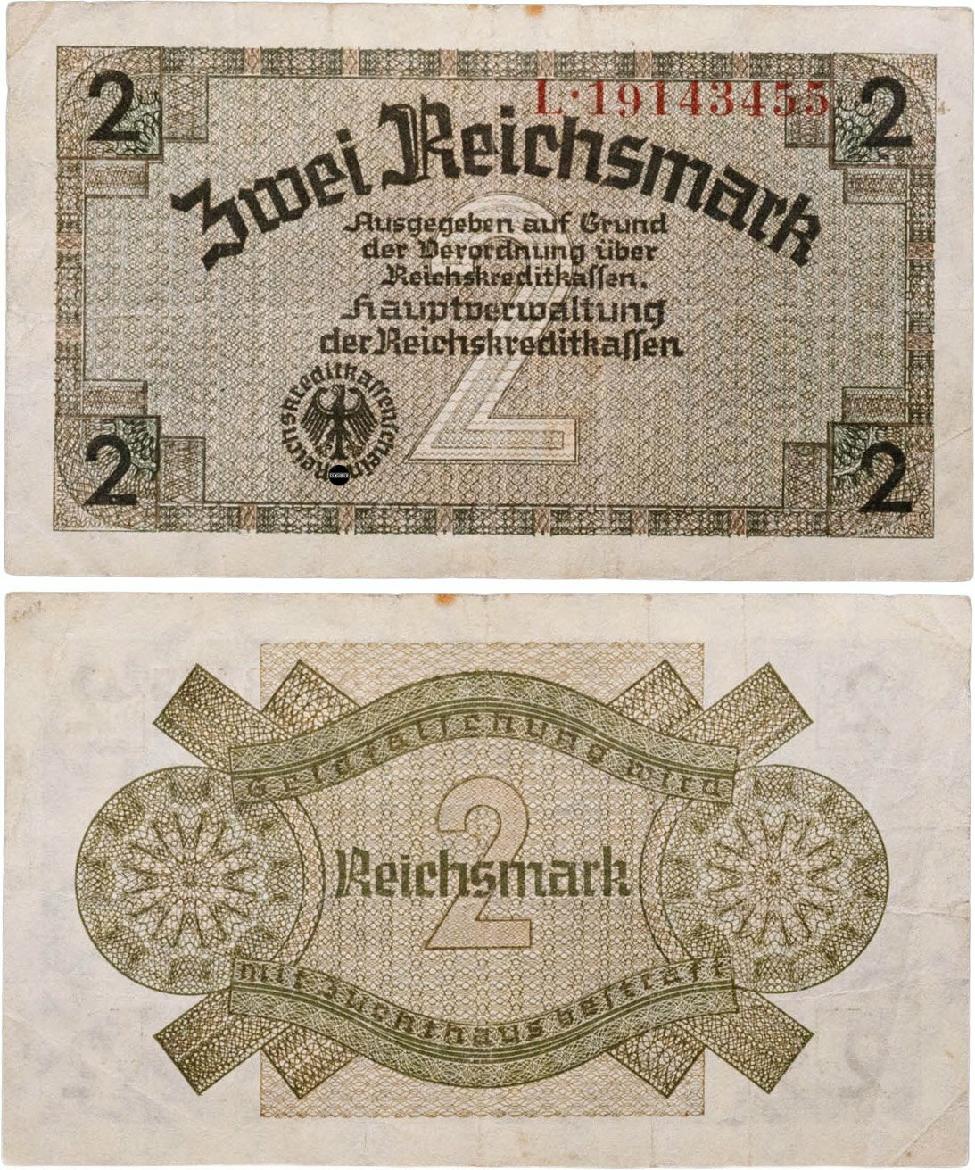 Германия 2 рейхсмарки reichsmark 1940-1945 "Немецкие оккупационные территории" серия L