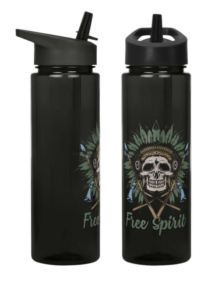 Бутылка черная для воды с принтом Череп индеец, Свободный дух. Скелет, вождь