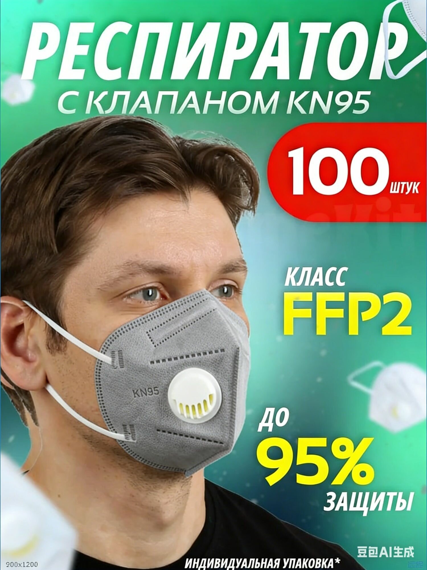 Респиратор FFP2 с клапаном дыхания многоразовый 100 шт