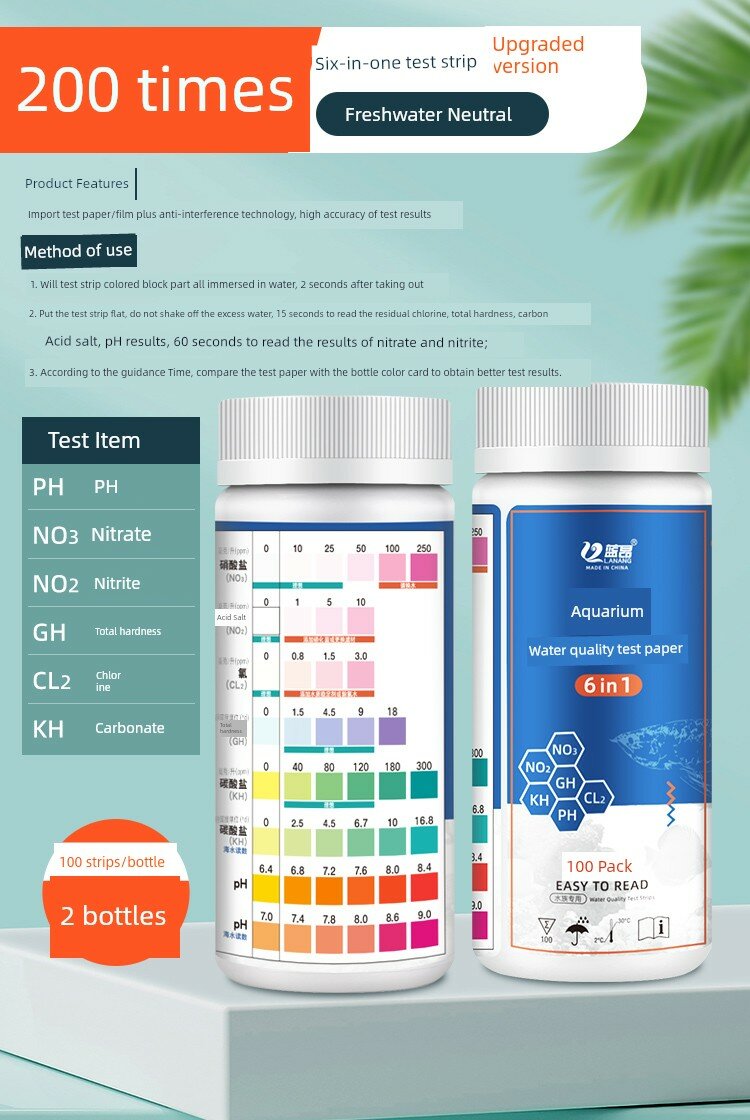 6 в 1 тест-полоски для воды аквариума: измерение нитрита, жесткости GH, pH, хлора и NO3 - 200 полосок в бутылке