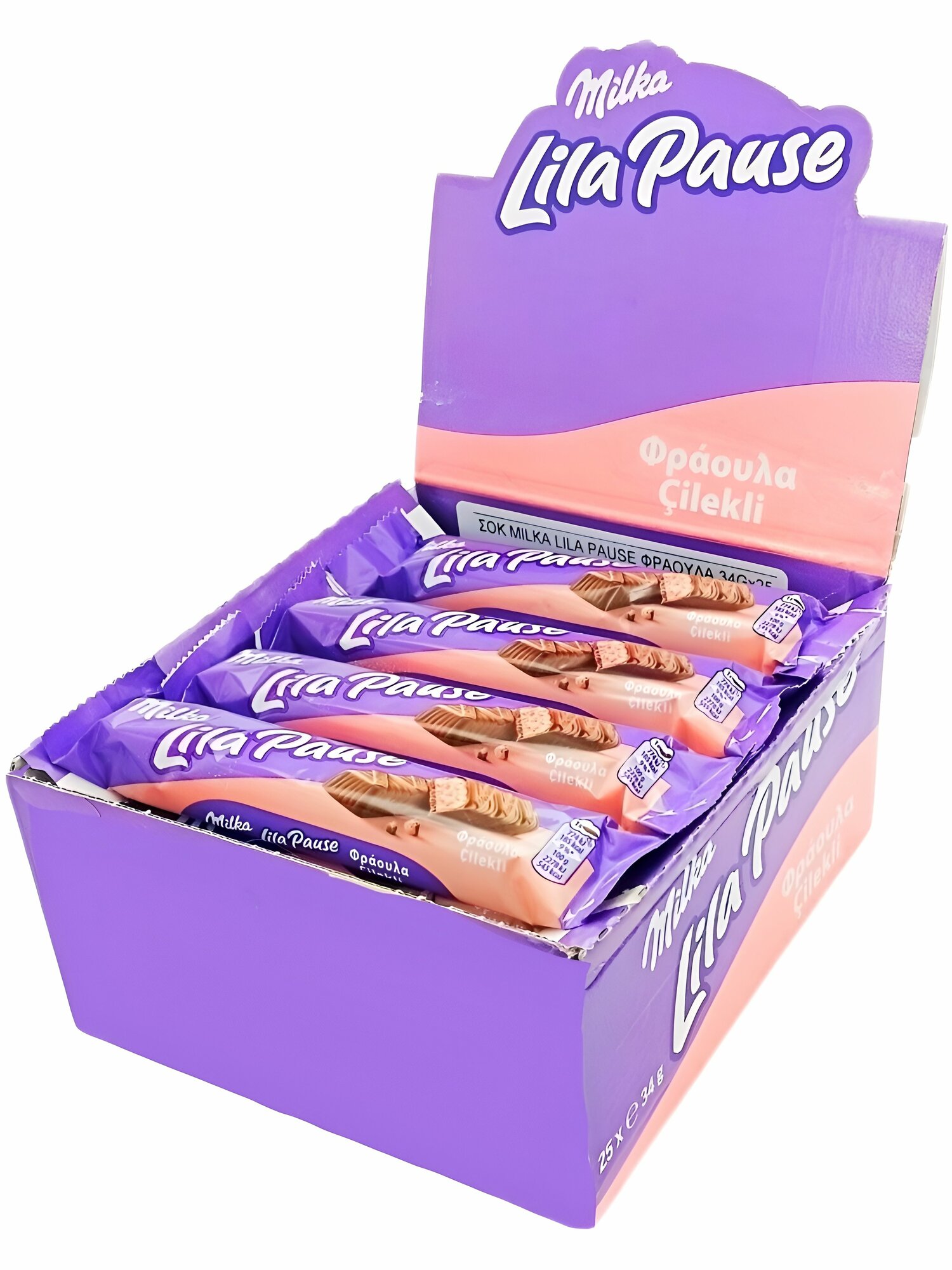 Шоколад молочный Мilka Lila Pause с начинкой со вкусом клубники и воздушным рисом, батончик, 1 уп. (25 шт. по 34 гр. ), (Швейцария)