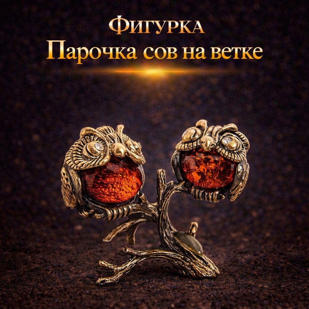 Фигурка Парочка сов на ветке (янтарь)