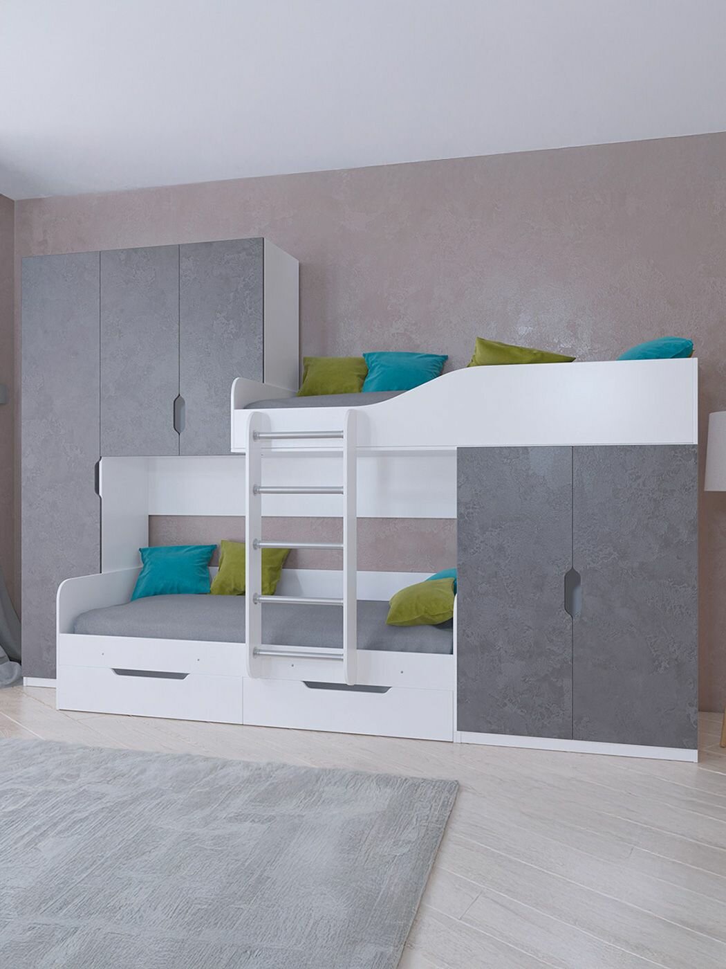 Двухъярусная кровать Лео 80х190 см, с основанием настил, со шкафами, с ящиками, с бортиками, Белый / Железный камень