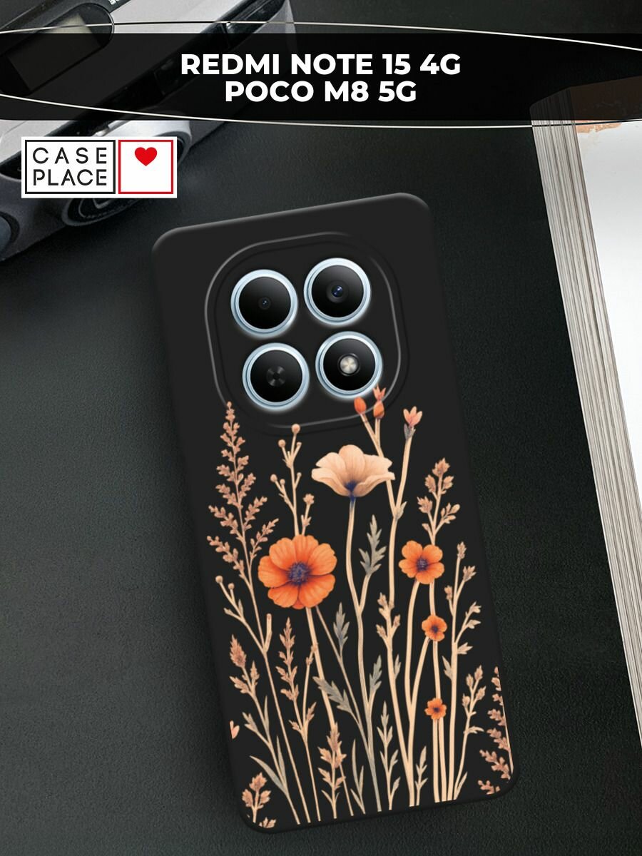 Черный матовый чехол на Redmi Note 15 4G/Poco M8 5G / Редми Нот 15/Поко М8 5G с принтом Полевые маки