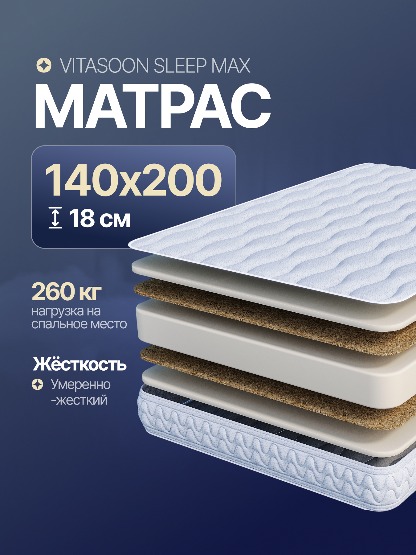 Матрас 140x200 беспружинный высота 18 см Vitasoon Sleep Max двуспальный