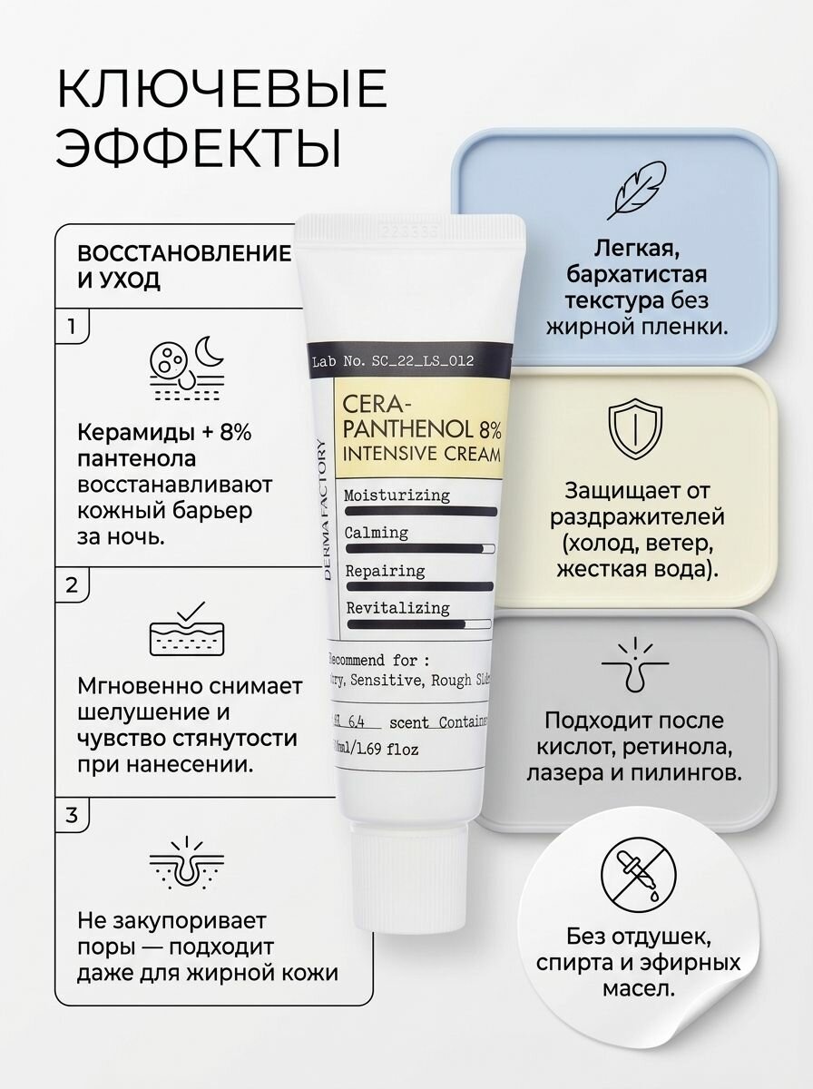 DERMA FACTORY Cera-Panthenol 8% Intensive Cream Интенсивный увлажняющий крем для лица с керамидами и пантенолом 50г