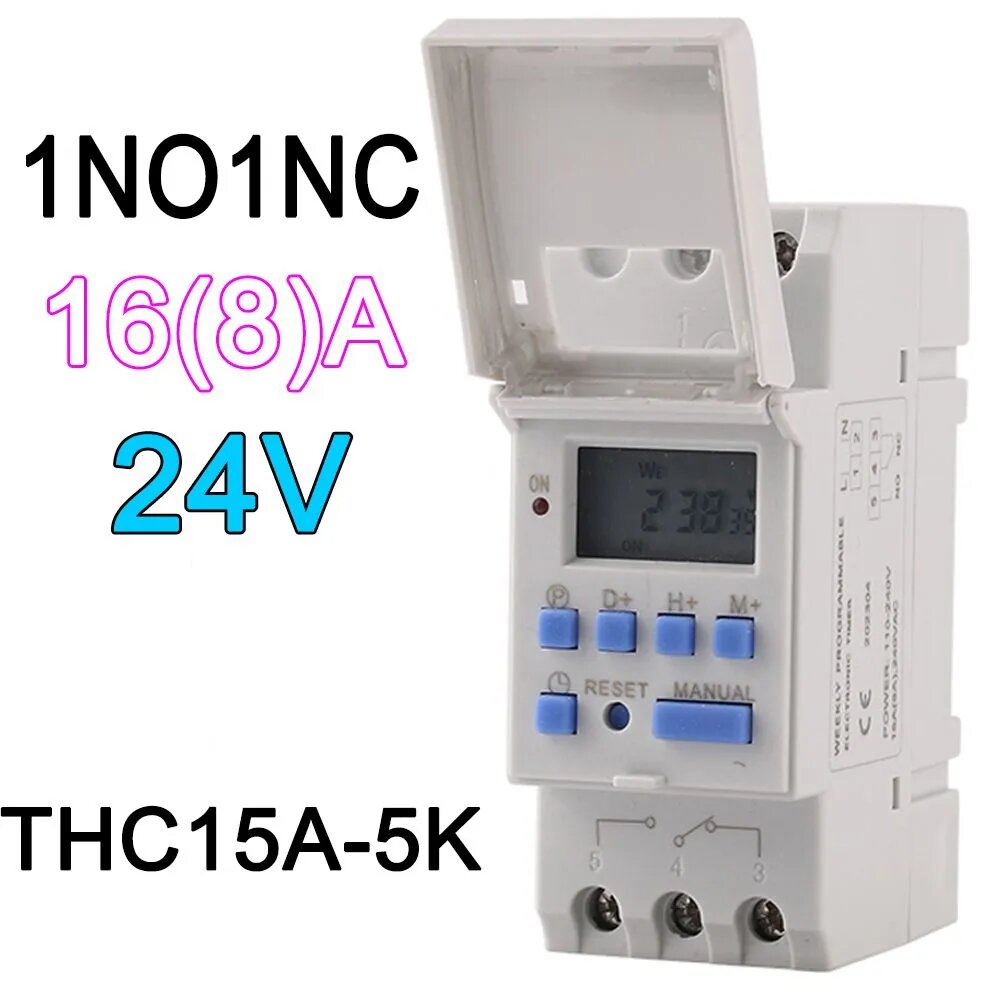 Реле времени с ЖК-дисплеем, программируемый цифровой таймер, 7 дней, крепление на DIN-рейку, перезаряжаемое, THC15A-5K,24 B,1NO1NC