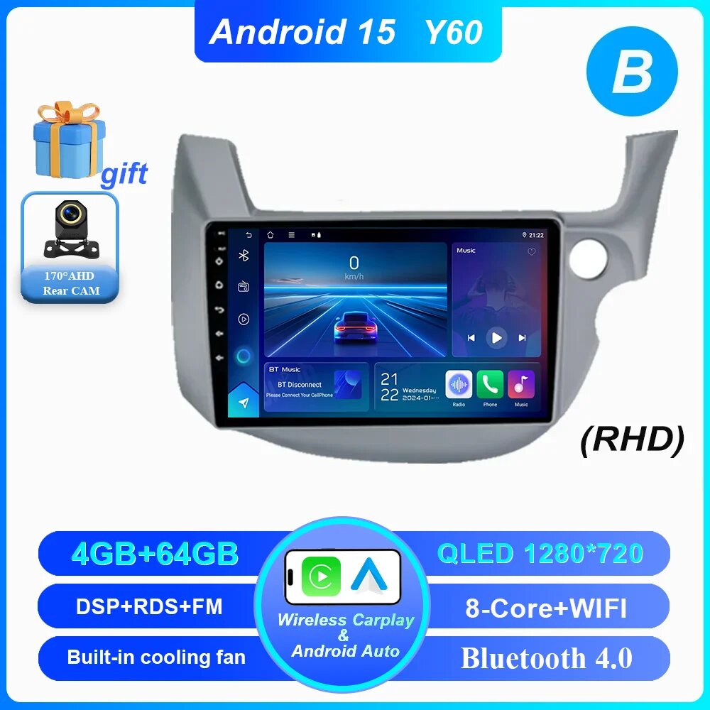 Автомобильный DVD-плеер Android 16 с радио и стереосистемой для HONDA FIT JAZZ RHD 4-64G CAM