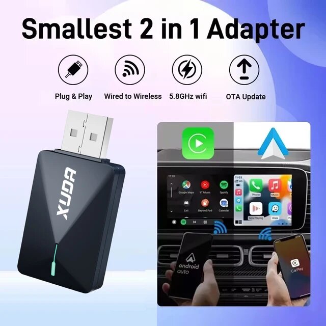 Беспроводной адаптер для CarPlay и Android Auto, совместимый с автомобилями Toyota, Mazda, Nissan, Camry, Suzuki, Subaru, Citroen, Audi, Mercedes-Benz, Kia, Ford и Opel, поддерживающий Spotify и Bluetooth.