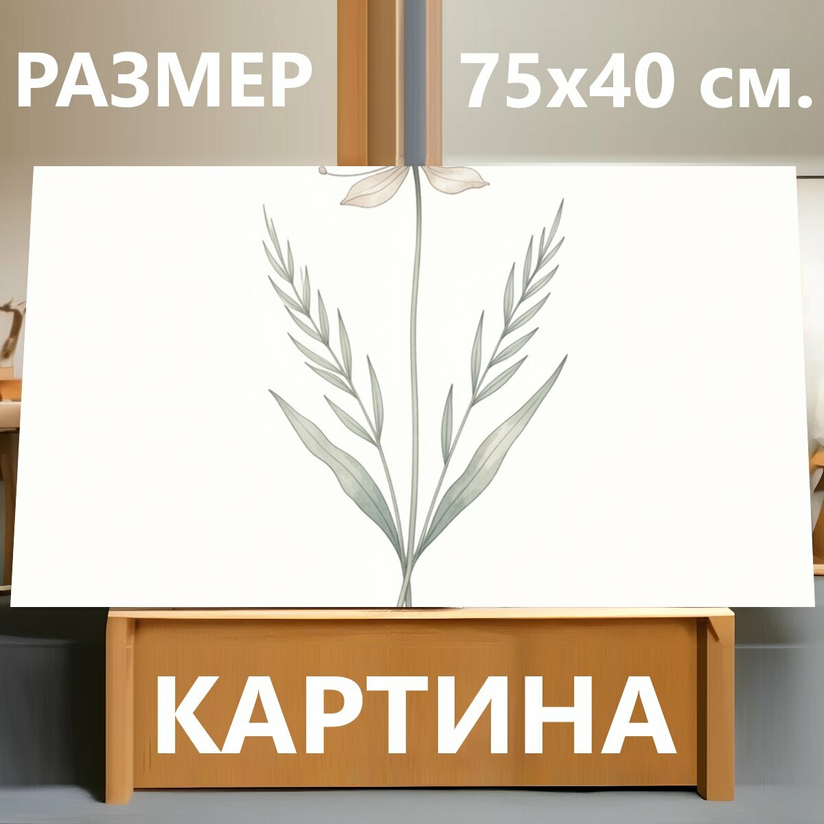 Картина на холсте "Нежный полевой цветок. Минималистичная ботаническая иллюстрация с изящным стеблем, тонкими лепестками и вытянутыми листьями." на подрамнике 75х40 см. для интерьера