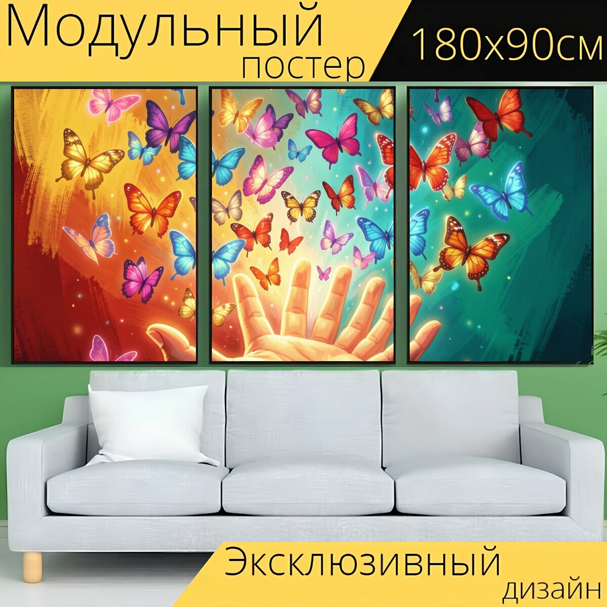 Модульный постер "Ладонь с парящими бабочками. Яркая фантазийная сцена: раскрытая рука выпускает в воздух множество разноцветных." 180 x 90 см. для интерьера на стену в тубусе