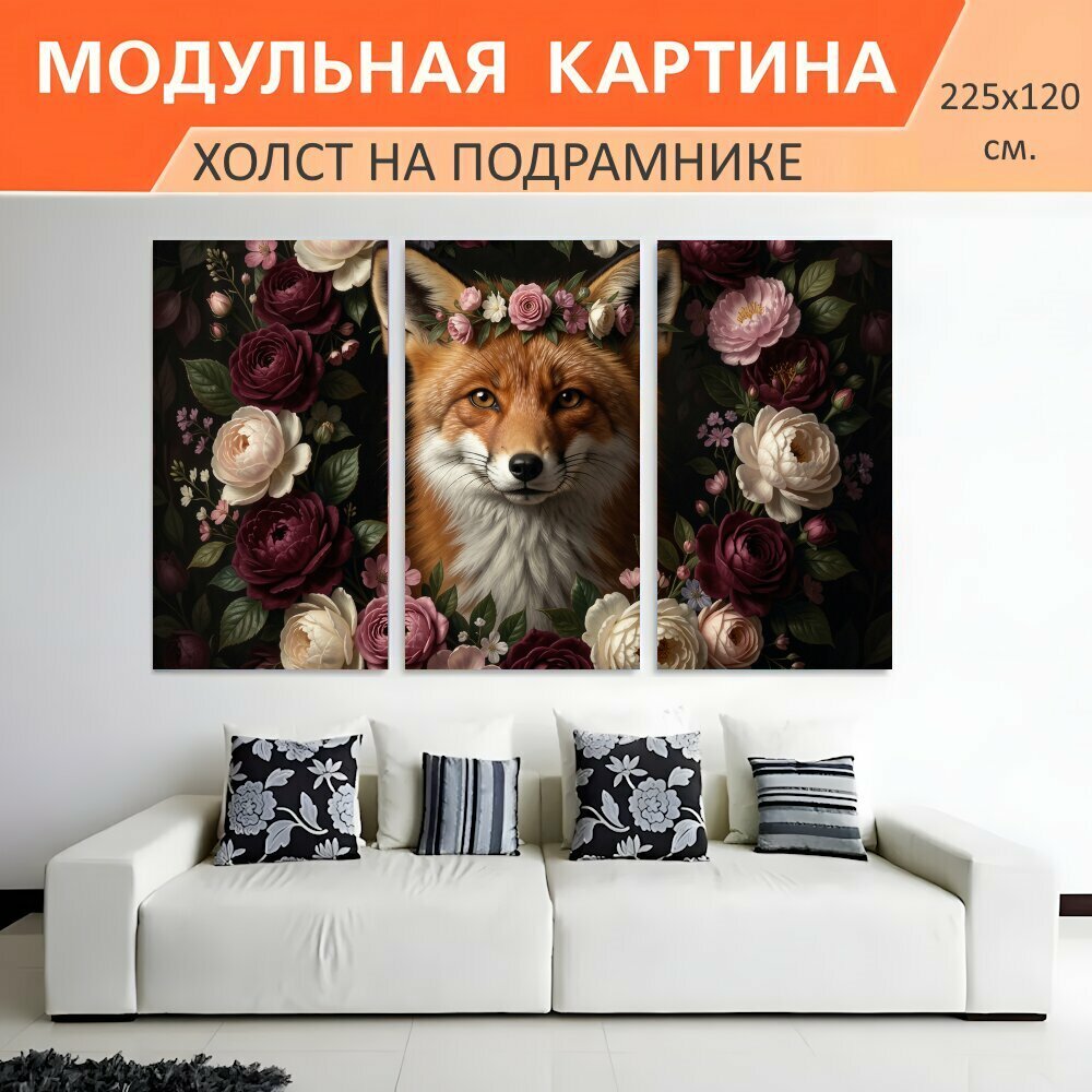 Модульная картина на холсте "Лисица в цветочном венке. Реалистичный образ рыжей лисы на тёмном фоне, окружённой роскошным венком из." триптих на подрамнике 225х120 см. для интерьера