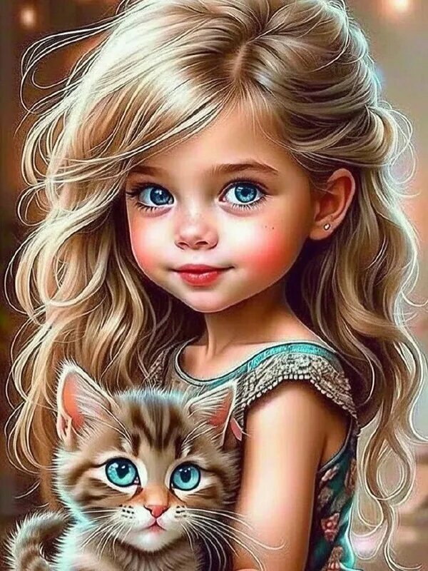 Алмазная картина "Девочка с котиком", 30x40 см. Набор для творчества: ребенок, полосатый кот.
