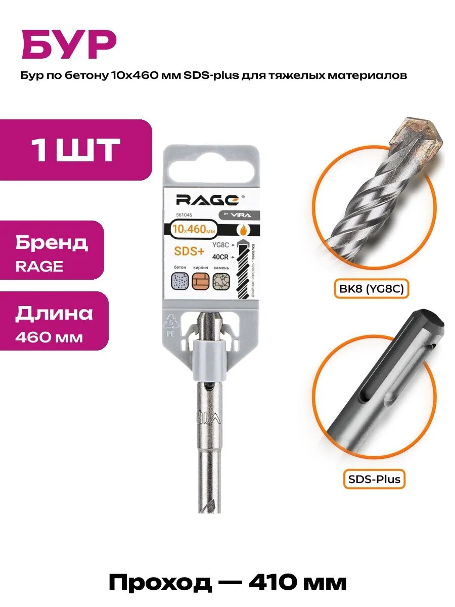 Бур по бетону 10х460 мм SDS-plus расходник для ремонта стен