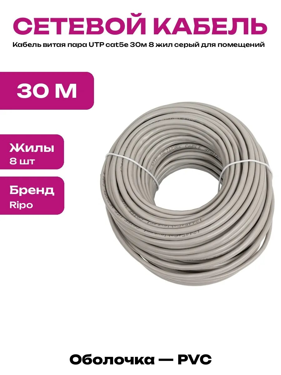 Кабель витая пара 30м cat5e UTP 24AWG CCA для локальной сети