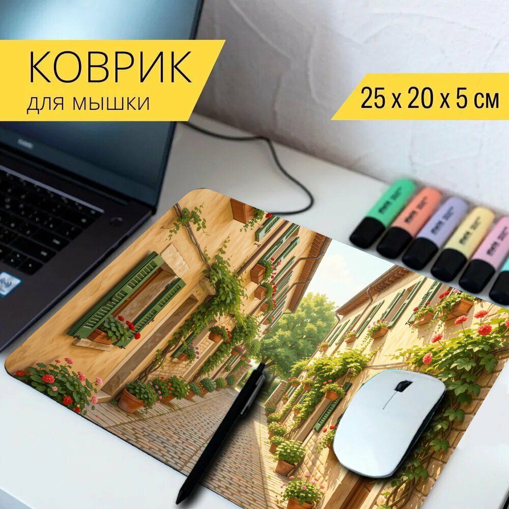 Коврик для мыши с принтом "Уютная цветочная улочка в Италии. Солнечный старинный переулок с каменной мостовой, домами с зелёными ставнями и множеством цветущих горшков." 25x20см.