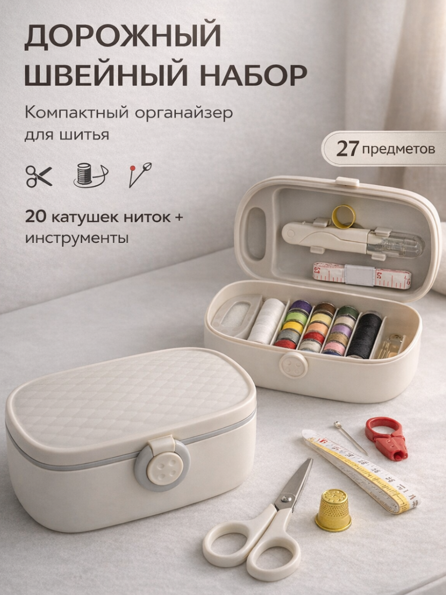 Дорожный швейный набор для шитья, рукоделия и ремонта одежды (Серый)