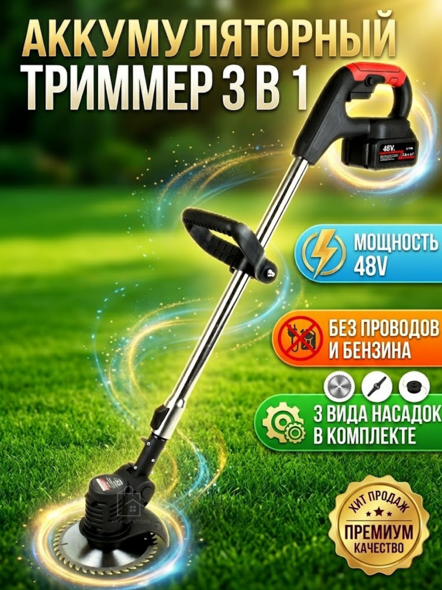 Триммер аккумуляторный садовый, беспроводная электрокоса для травы и сорняков, 2 аккумулятора в комплекте