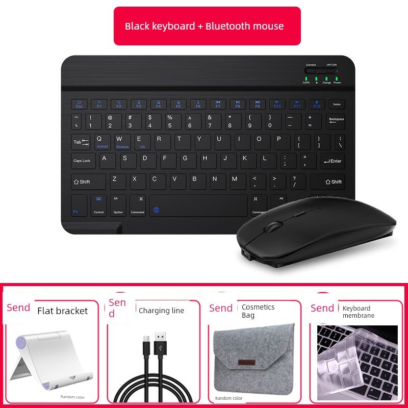 Перезаряжаемая клавиатура Bluetooth черного цвета с двойным режимом мыши для Apple iPad и Huawei Android, включает