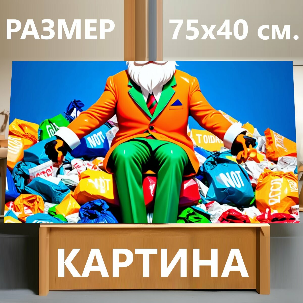 Картина на холсте "Дед Мороз в оранжевом и зеленом костюме сидит на куче разноцветных пакетов с надписями «NOT TODAY», окруженный мусором, на." на подрамнике 75х40 см. для интерьера